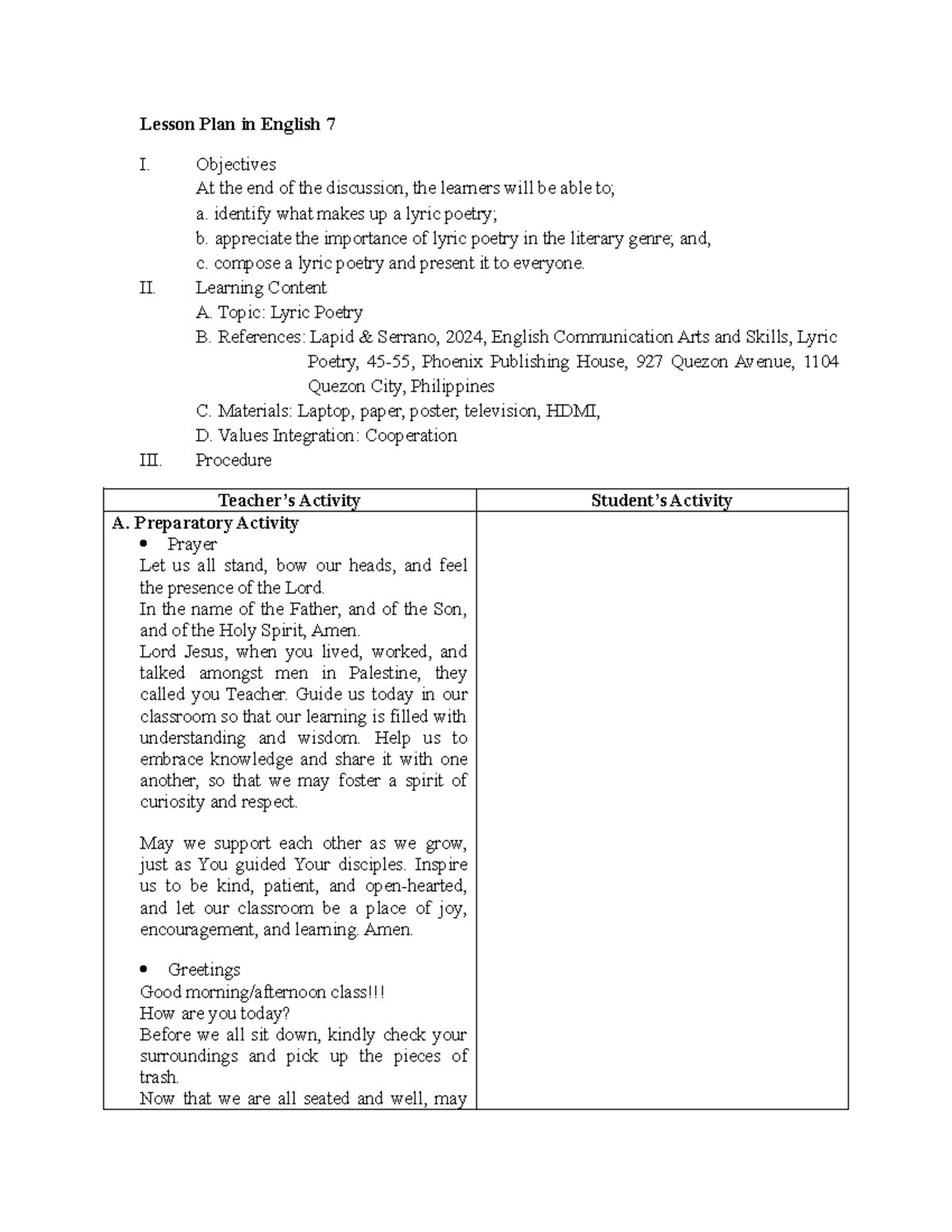 Lesson Plan in English 7 edited - Lesson Plan in English 7 I ...
