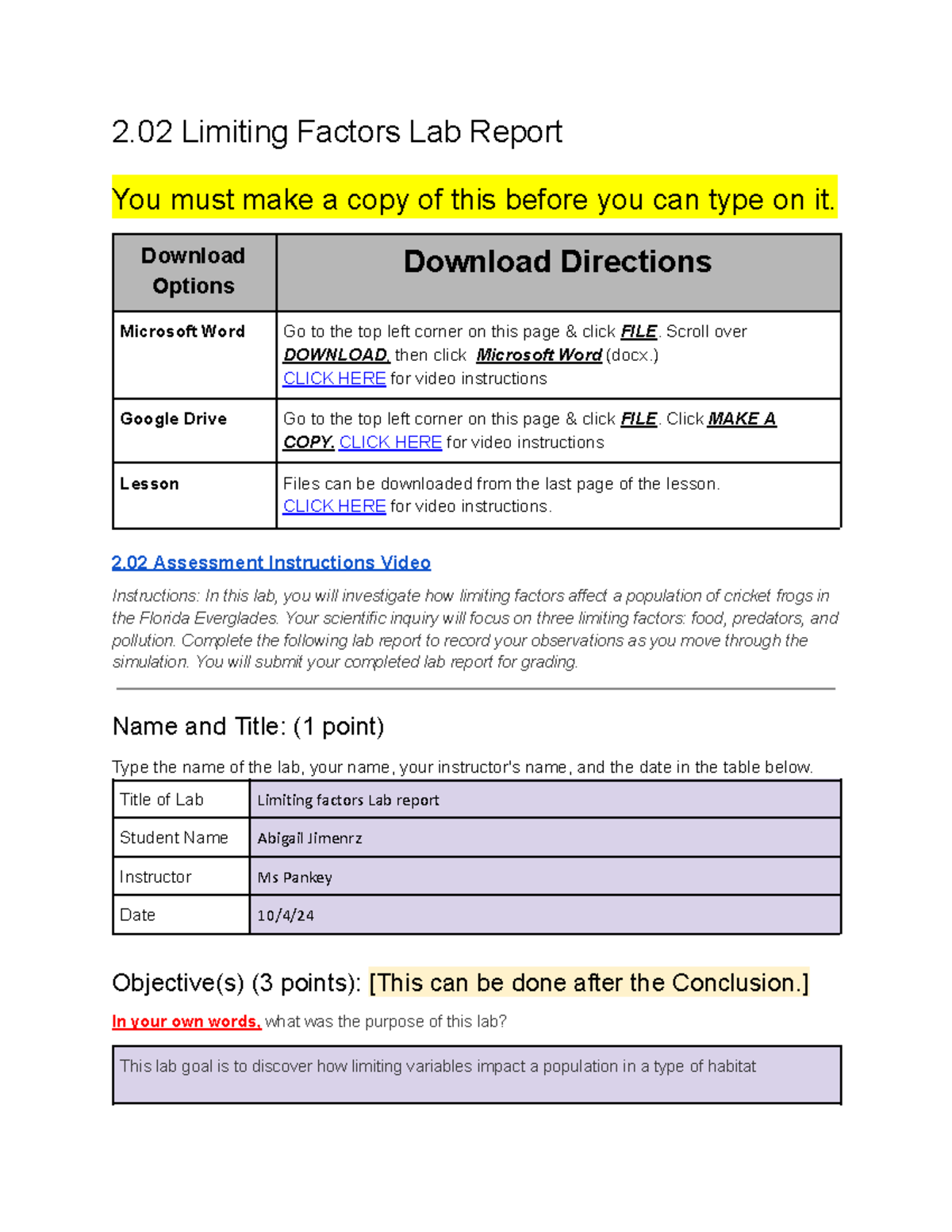 Copy of 2.02 Limiting Factors Lab Report - 2 Limiting Factors Lab Report You must make a copy of ...