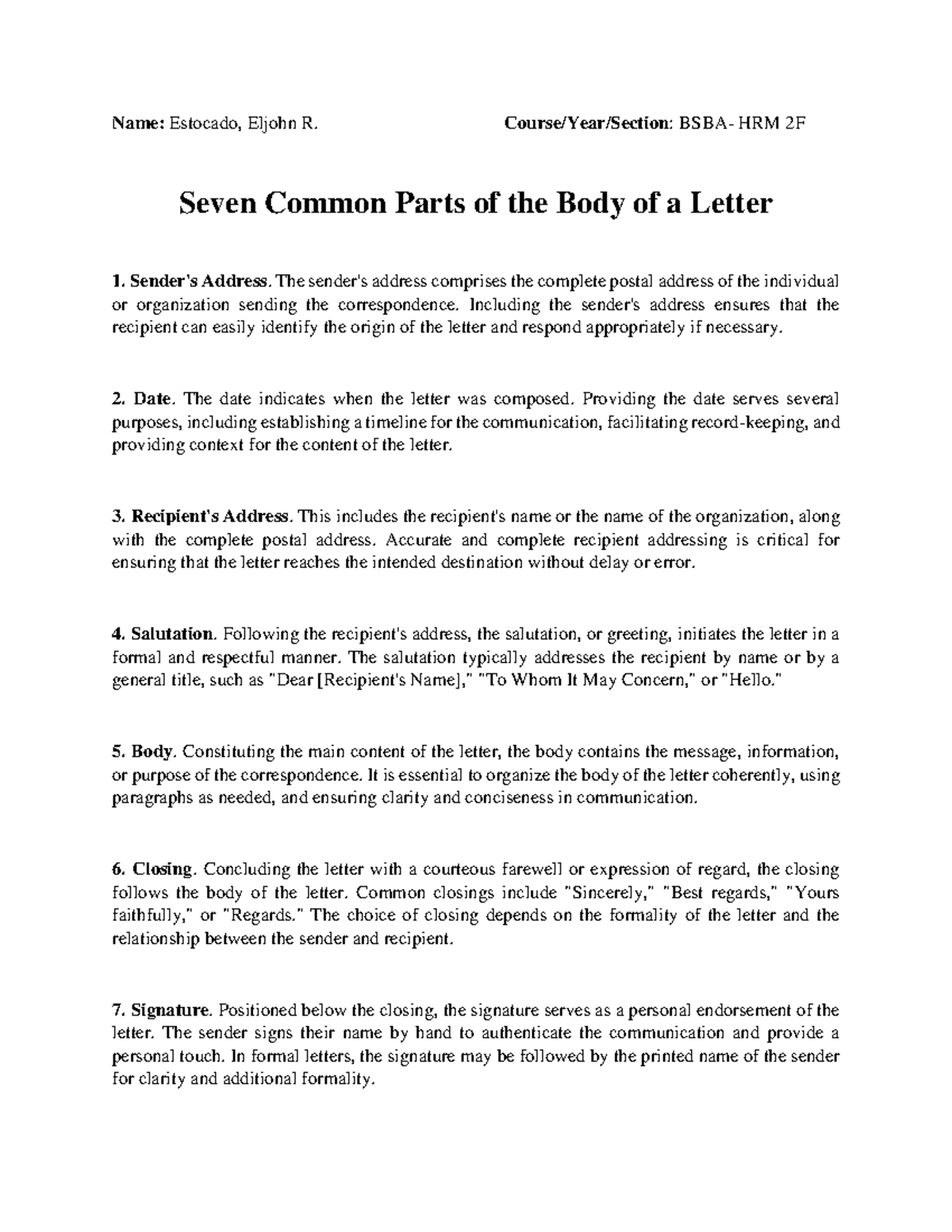 Seven Common Parts of the Body of a Letter - Name: Estocado, Eljohn R ...