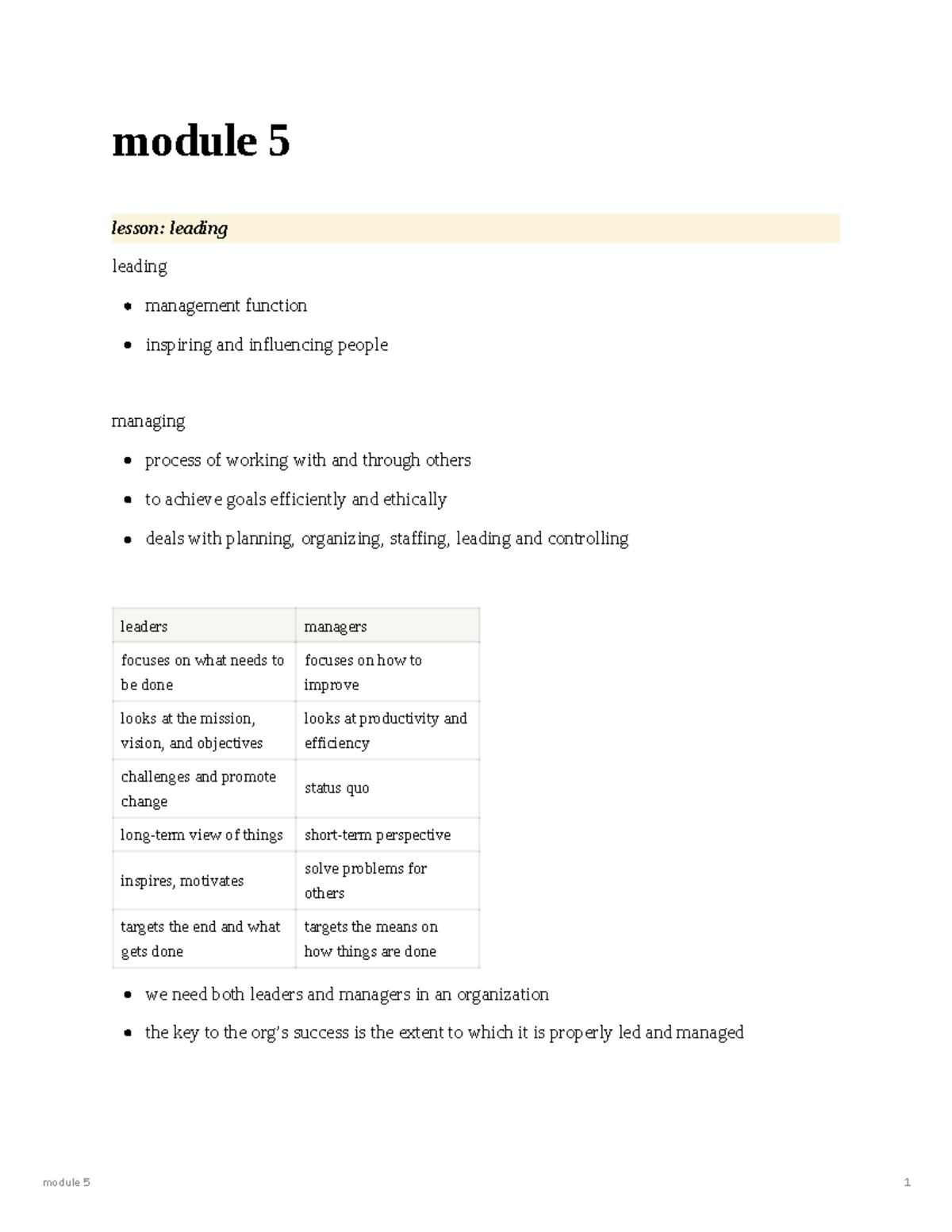 Module 5 - Leading - module 5 lesson: leading leading management ...