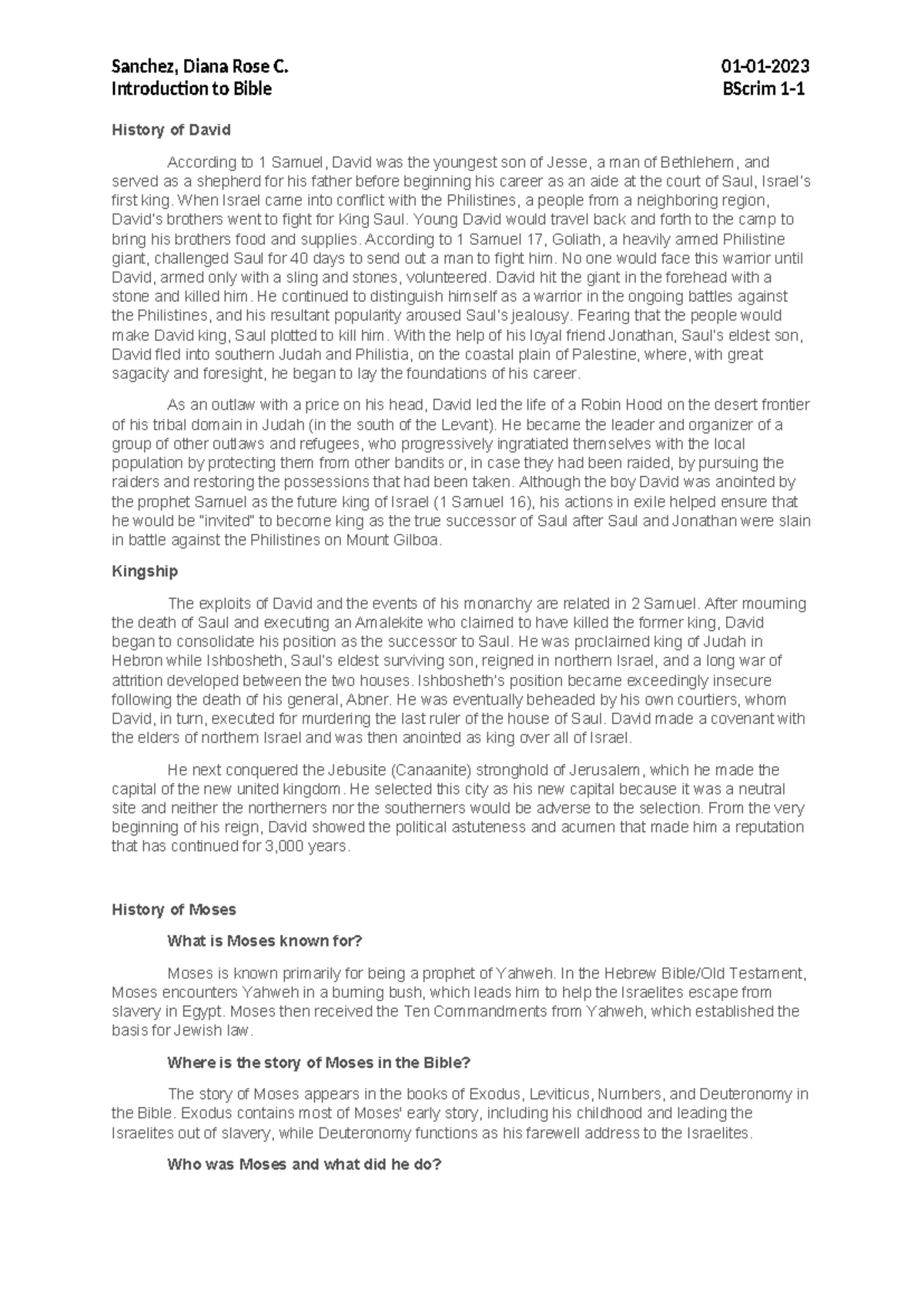 History of David - Sanchez, Diana Rose C. 01-01- Introduction to Bible BScrim 1- History of ...