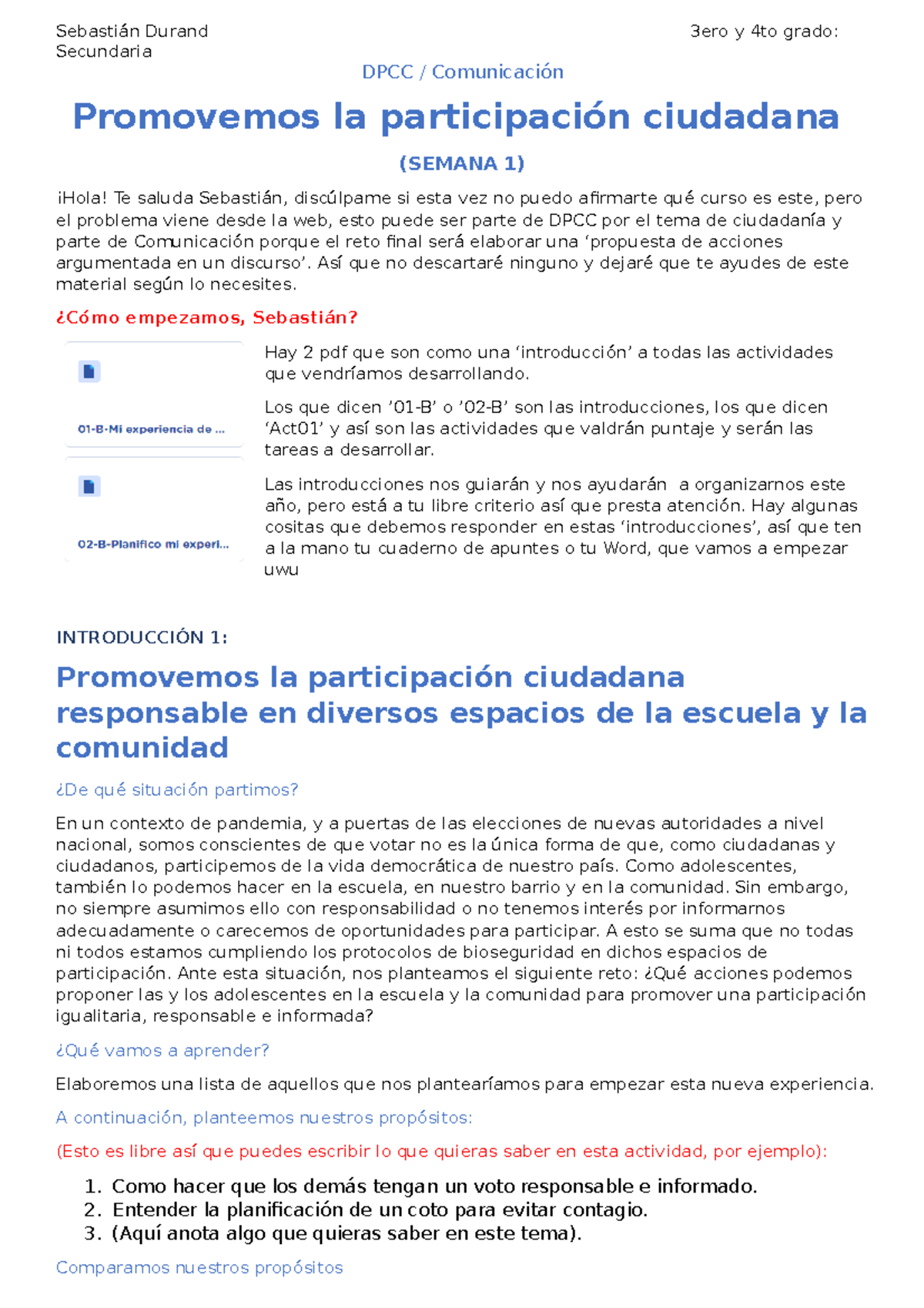 DPCC-Comunicación 1 - 3ero y 4to - Secundaria DPCC / Comunicación Promovemos la participación ...