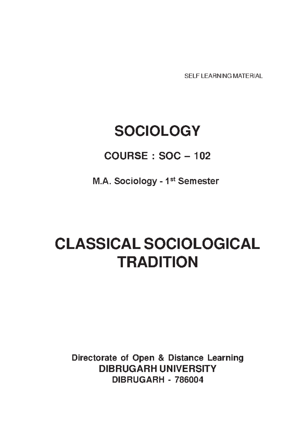 M.A. Sociology 102-(1st Semester) - SELF LEARNING MATERIAL SOCIOLOGY ...