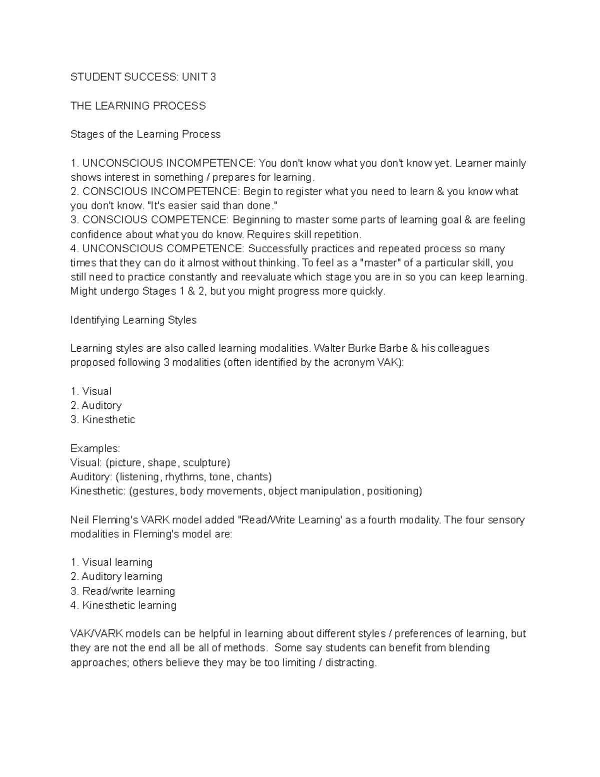 Student Success UNIT 3 - STUDENT SUCCESS: UNIT 3 THE LEARNING PROCESS ...