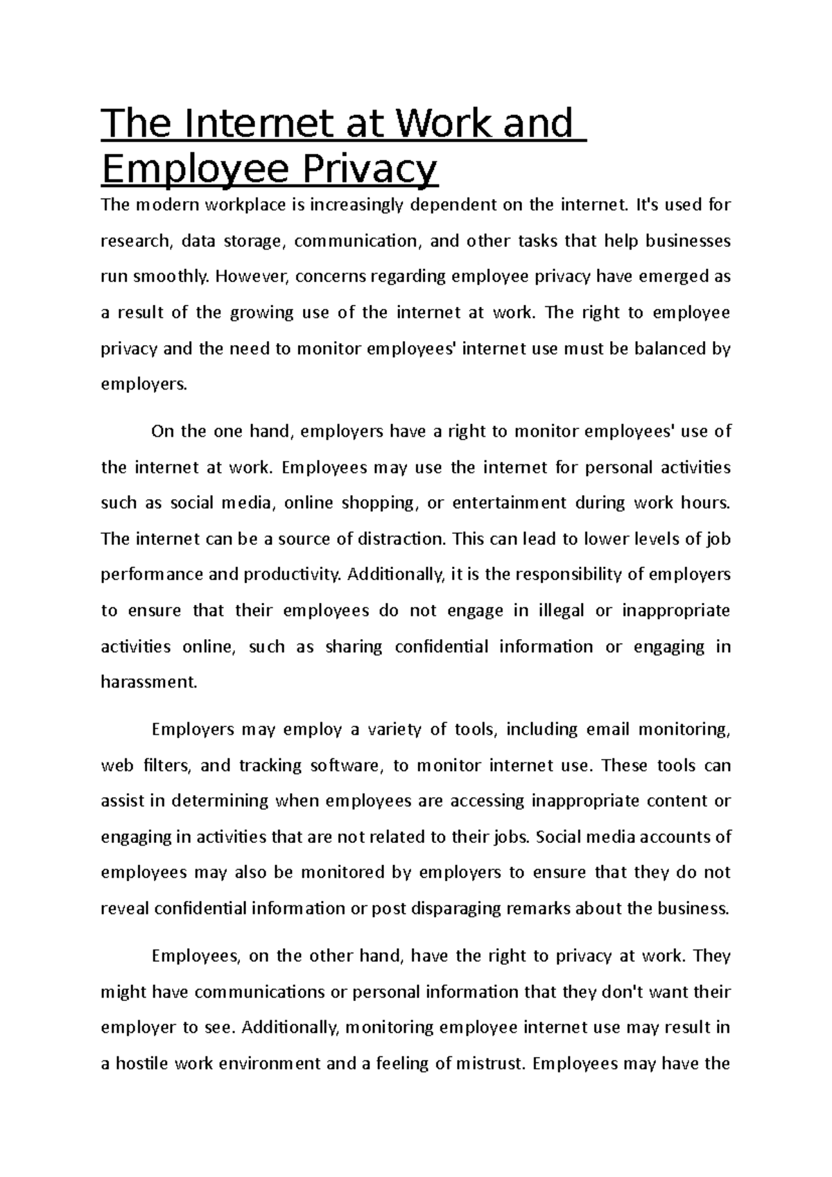 The Internet at Work and Employee Privacy - The Internet at Work and ...