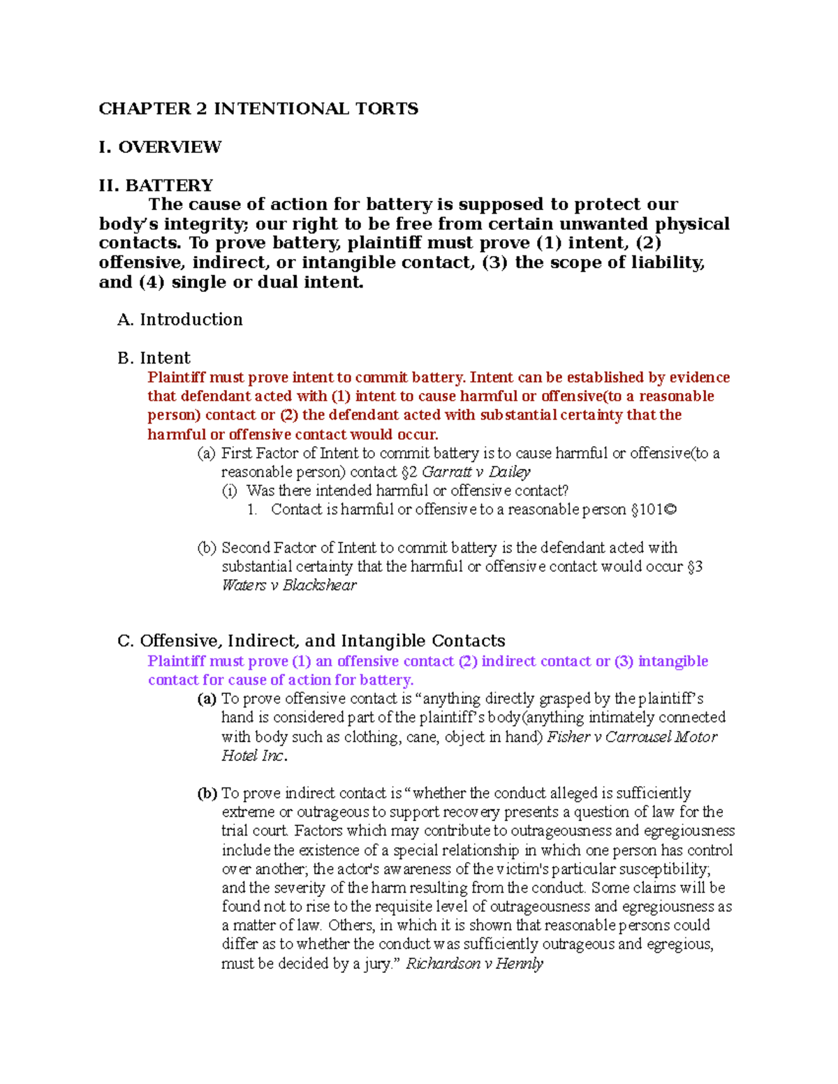 Torts Outline - Professor Percy - CHAPTER 2 INTENTIONAL TORTS I ...