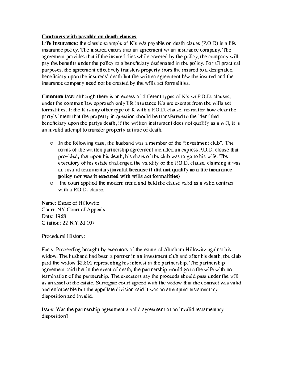 Contracts with Payable on Death Clauses: Life Insurance and Common Law ...