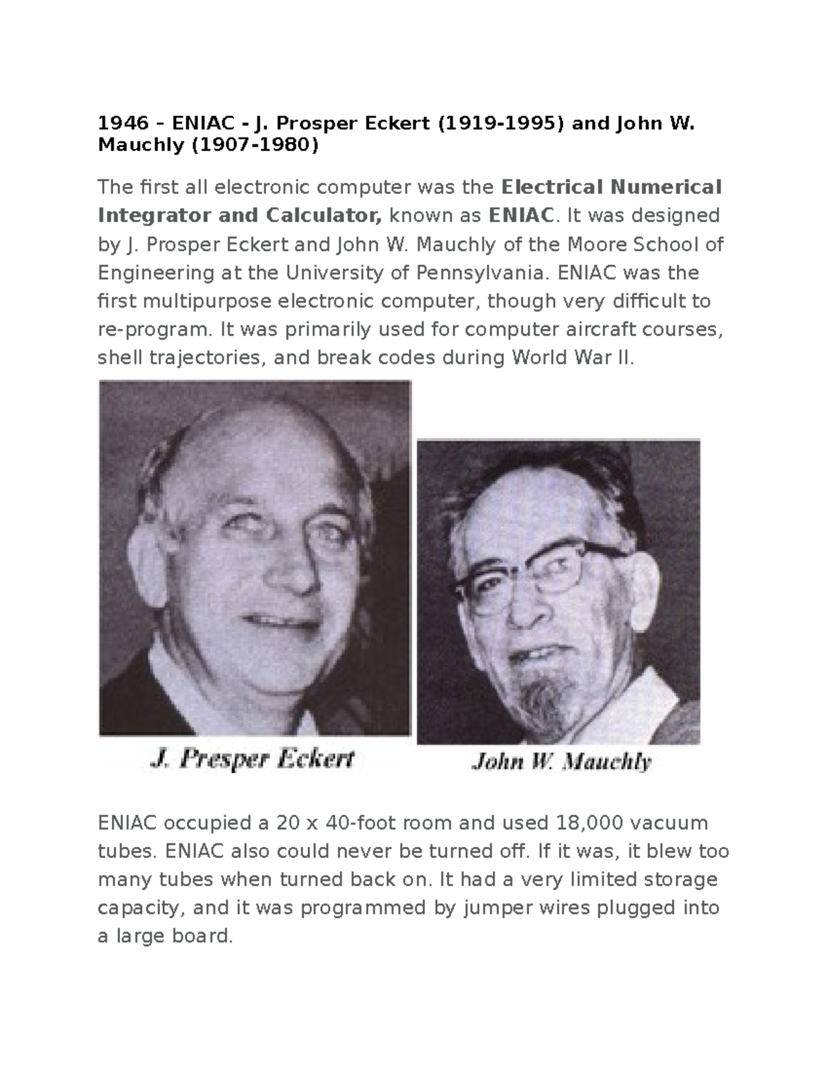 Historia computer part 3 - 1946 – ENIAC - J. Prosper Eckert (1919-1995 ...