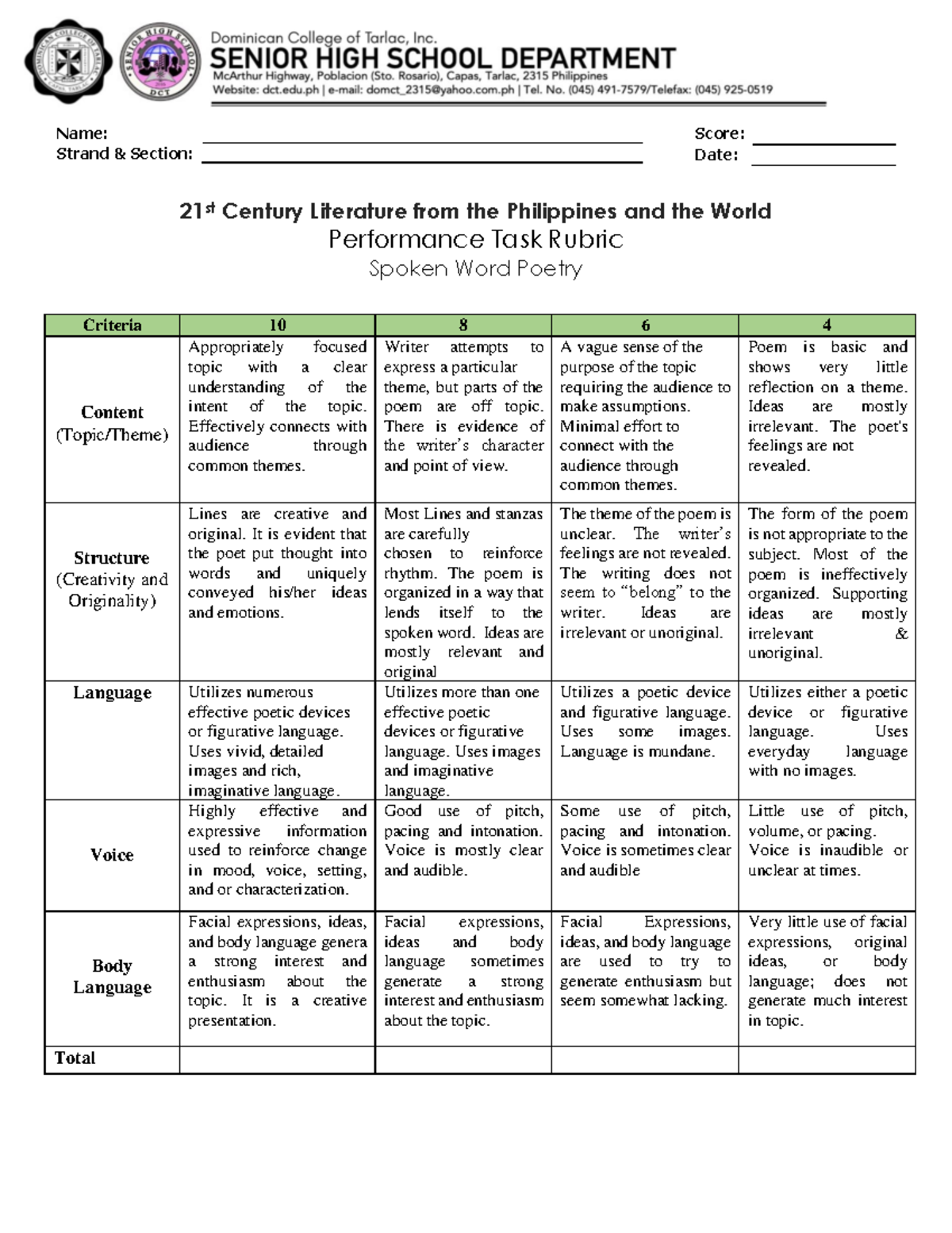 Spoken Poetry Rubric - Hiiii - Name: Strand & Section: 21 st Century ...