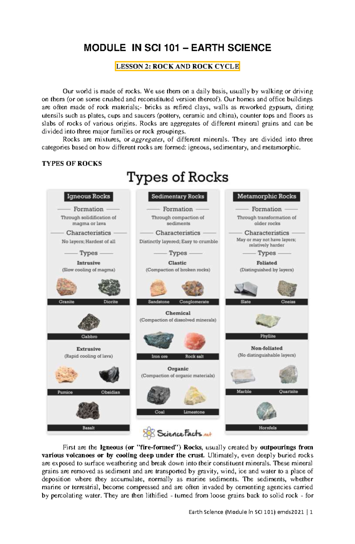 Earth sci- rocks - MODULE IN SCI 101 – EARTH SCIENCE LESSON 2: ROCK AND ...