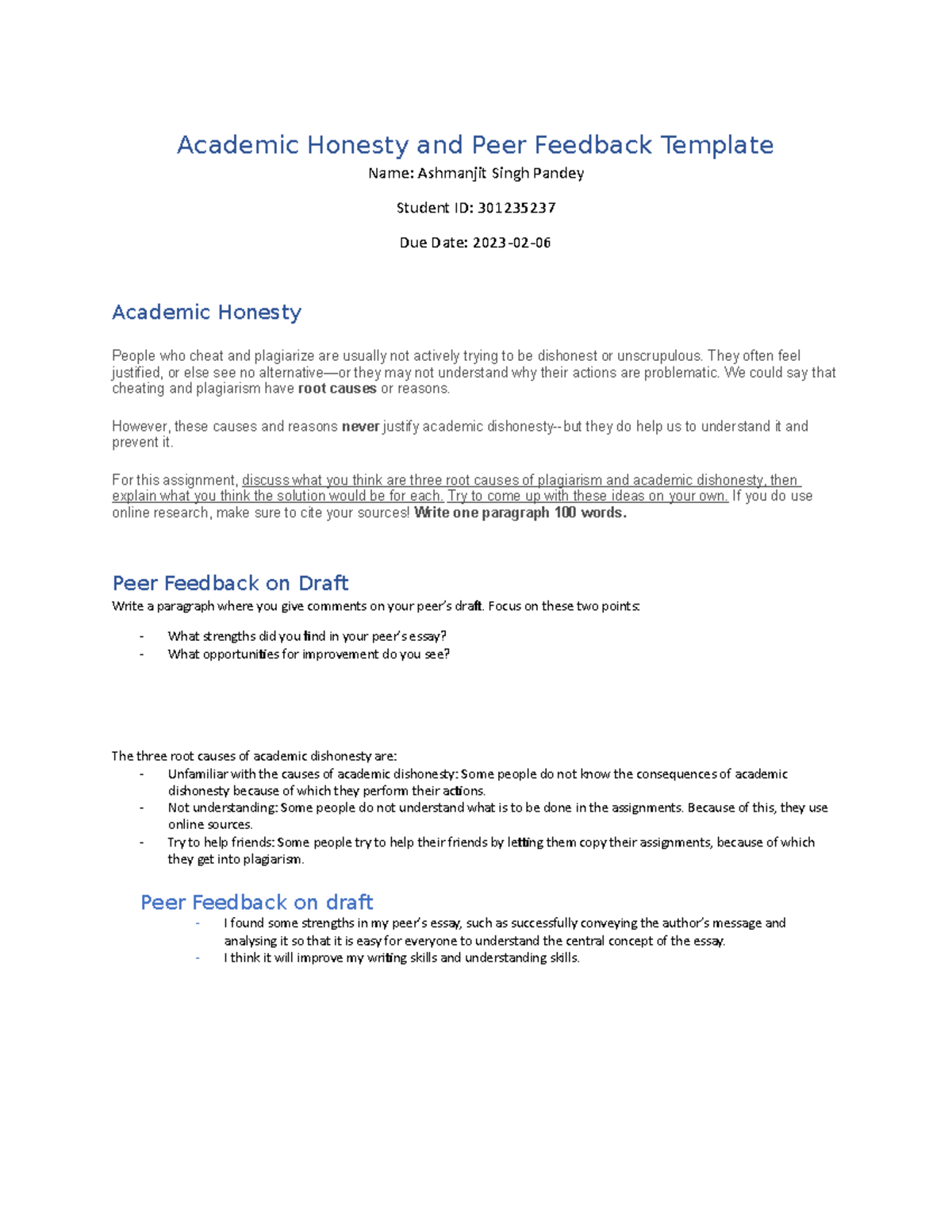 Academic Honesty and Peer Feedback Template - They often feel justified ...