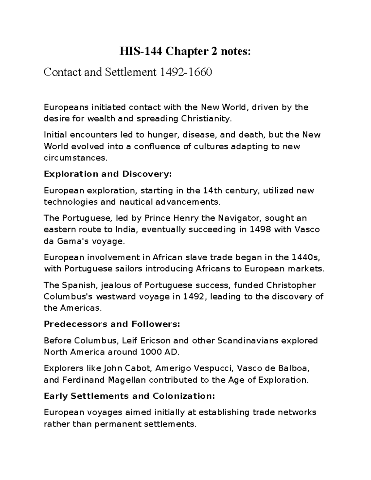 HIS-144 Chapter 2 notes - HIS-144 Chapter 2 notes: Contact and ...