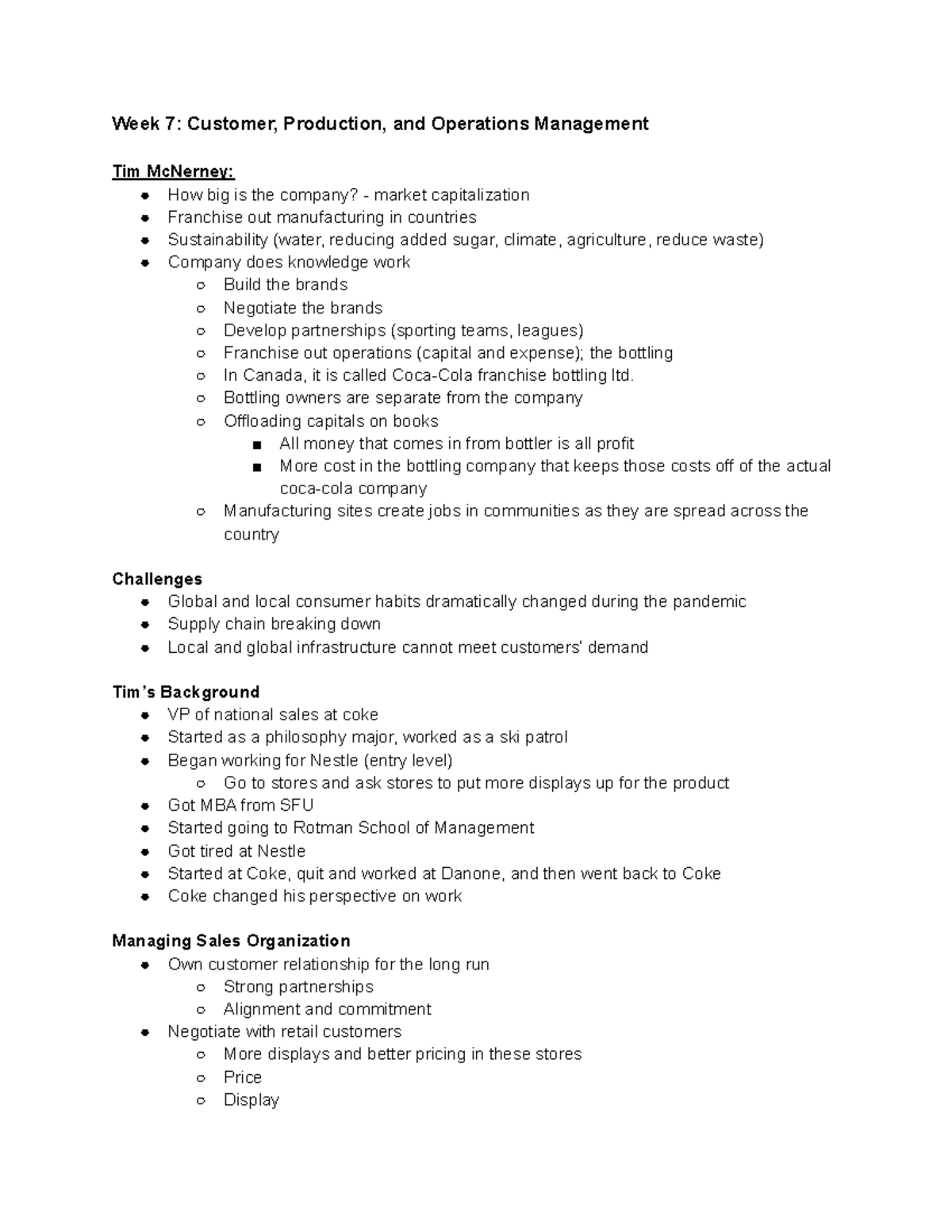 Management Class Notes - Week 7 - Week 7: Customer, Production, and ...