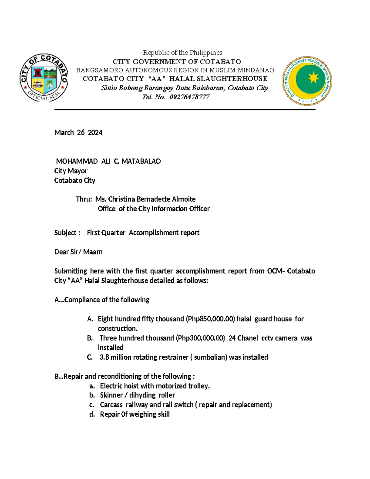 Accomplishjment report - Republic of the Philippines CITY GOVERNMENT OF ...