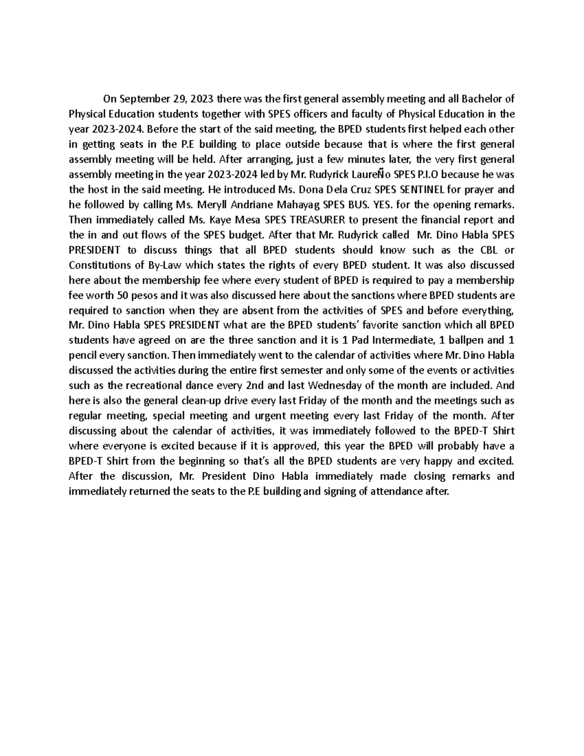 SPES - Before the start of the said meeting, the BPED students first ...