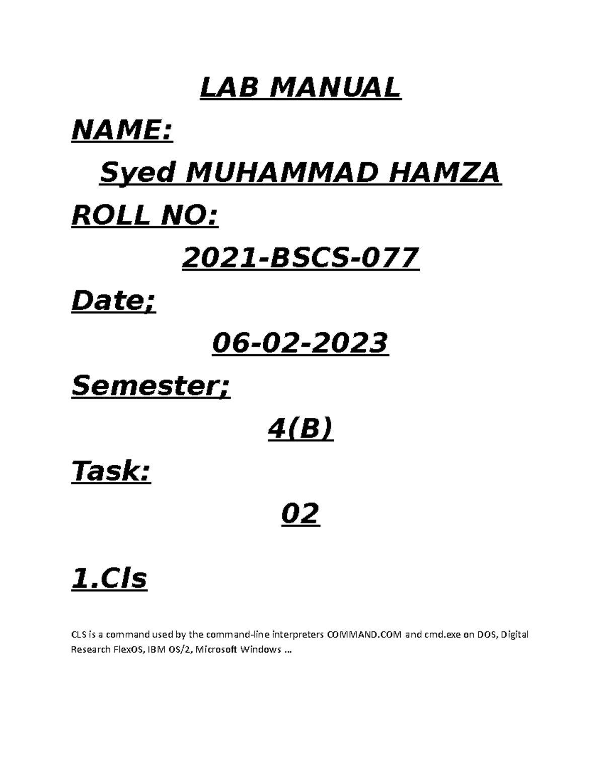 2021 bs cs 077 - jkefejk - LAB MANUAL NAME: Syed MUHAMMAD HAMZA ROLL NO ...
