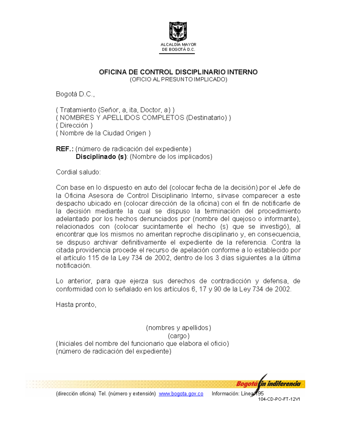 -Oficios para notificar y comunicar autos de archivo - ALCALDÍA MAYOR ...