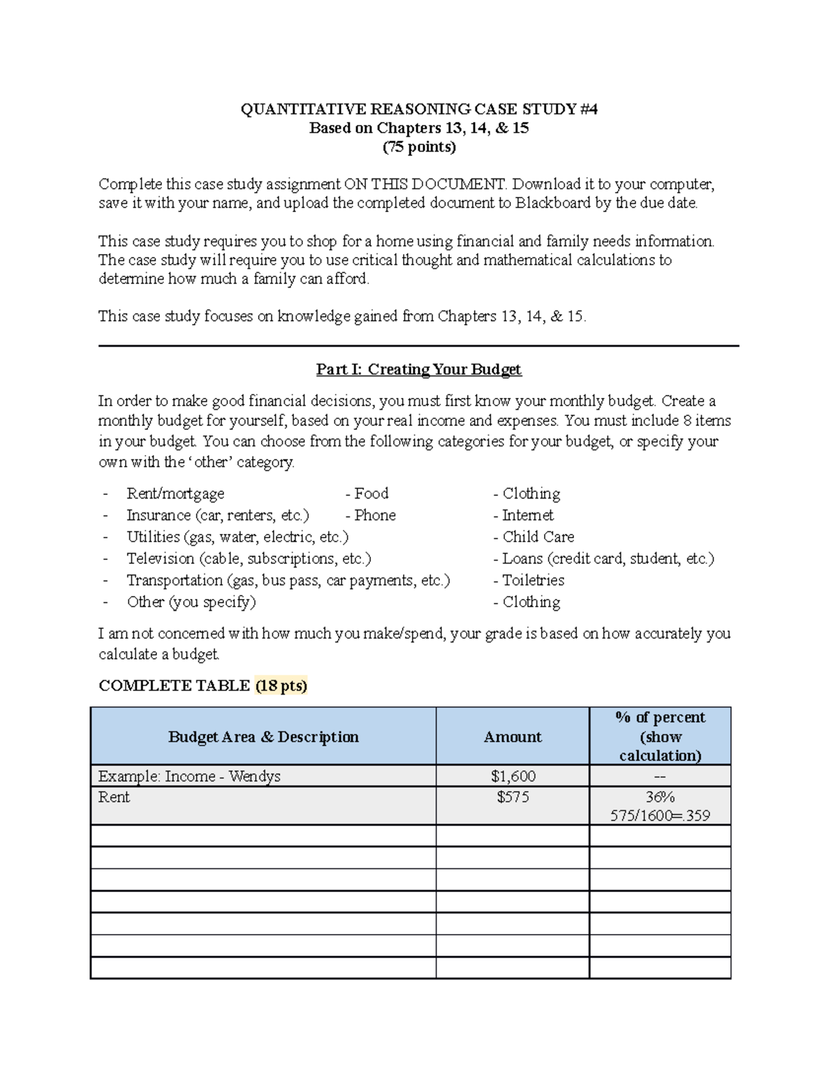Case study 4 - QUANTITATIVE REASONING CASE STUDY Based on Chapters 13 ...