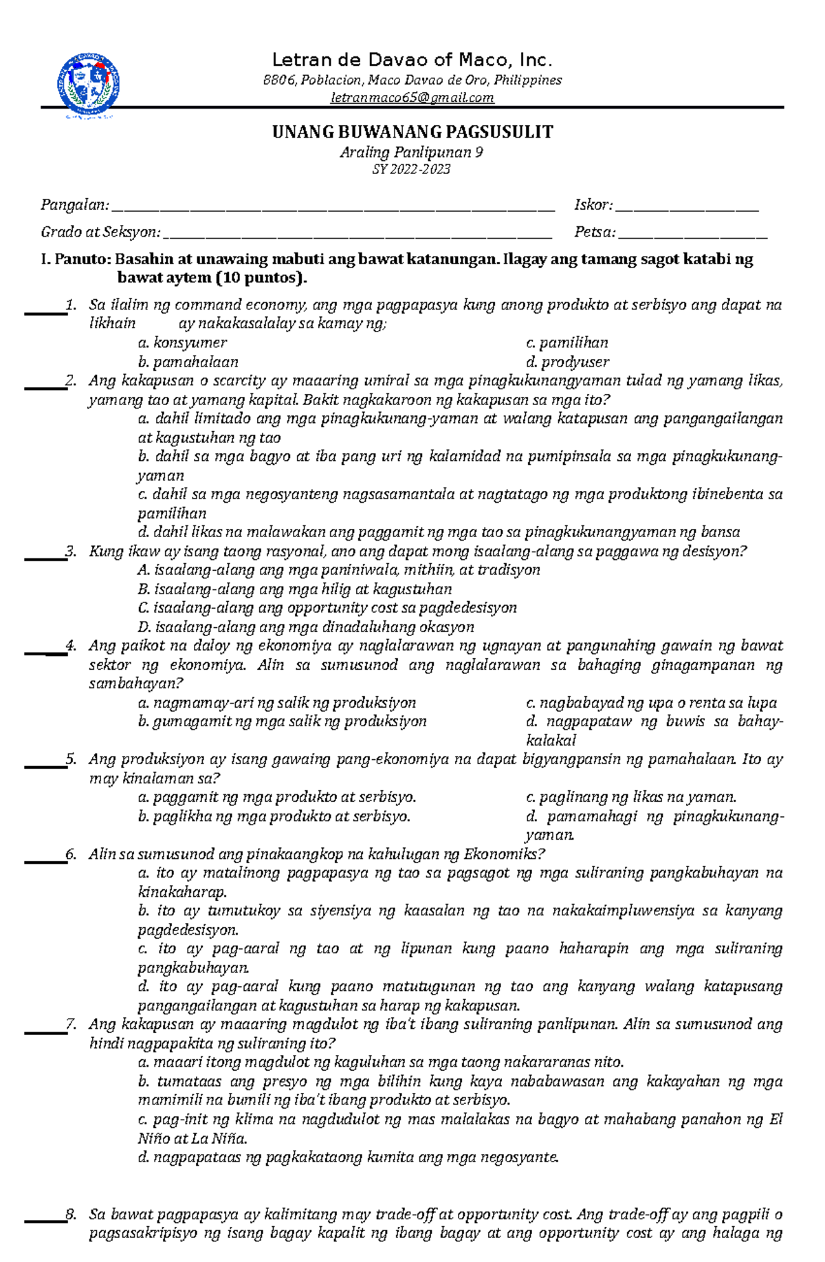 First Monthly Exam Ap-9 -2022-2023 Letran - Letran de Davao of Maco ...