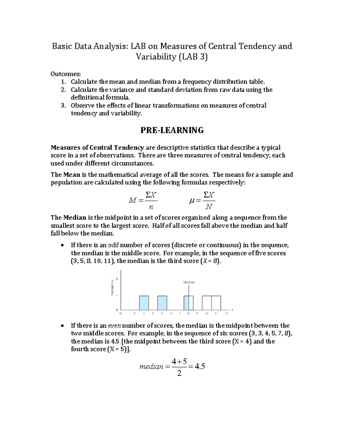 Lab3handout Tut Basic Data Analysis Lab On Measures Of Central Tendency And Variability