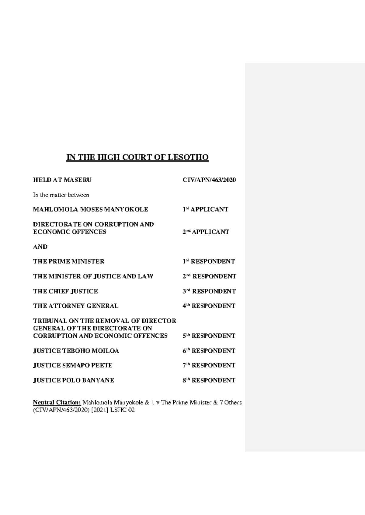 Manyokole v The Prime Minister ( Civapn 463 of 2020) 2021 LSHC 3 (18 ...