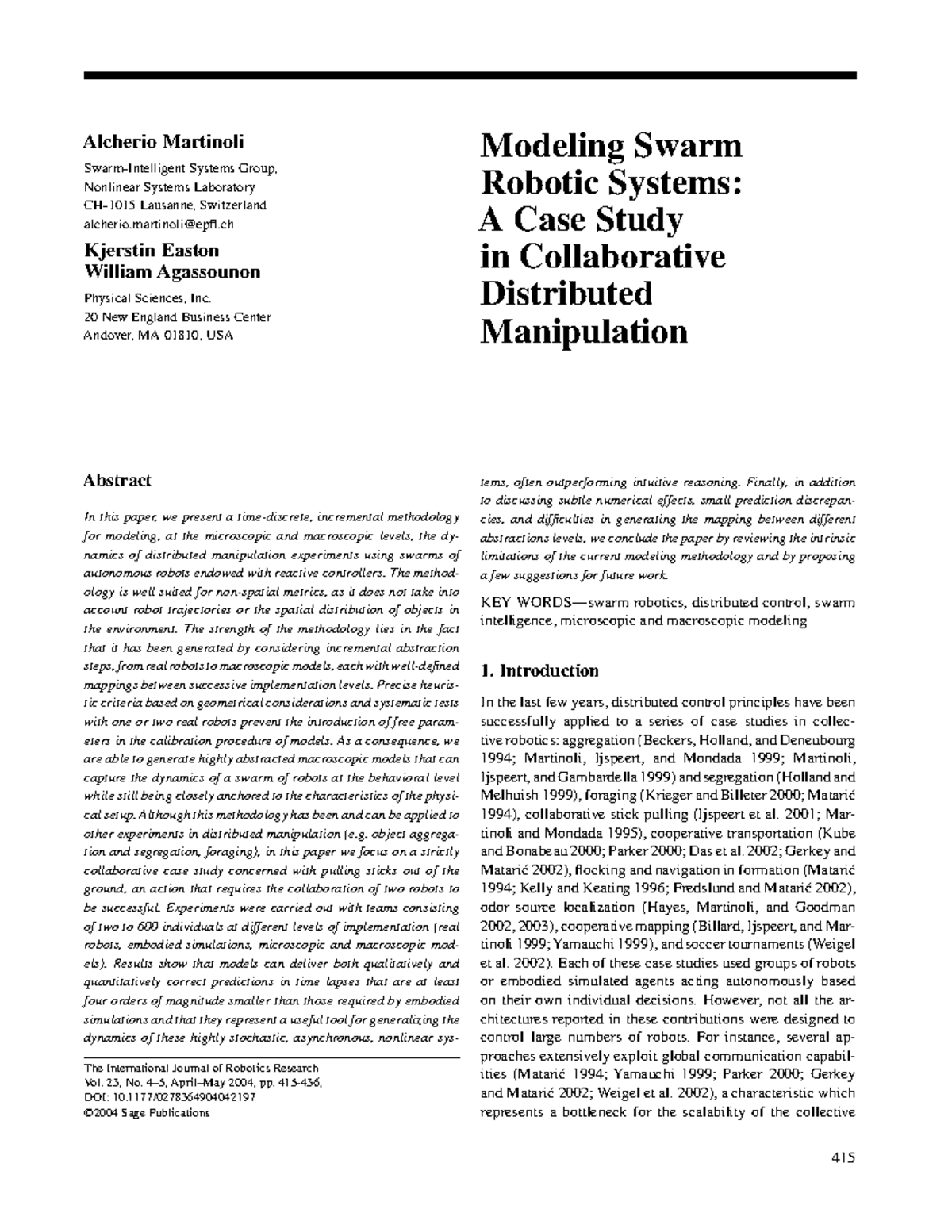 Modeling swarm robotic systems a case study in collaborative distributed manipulation - Alcherio ...