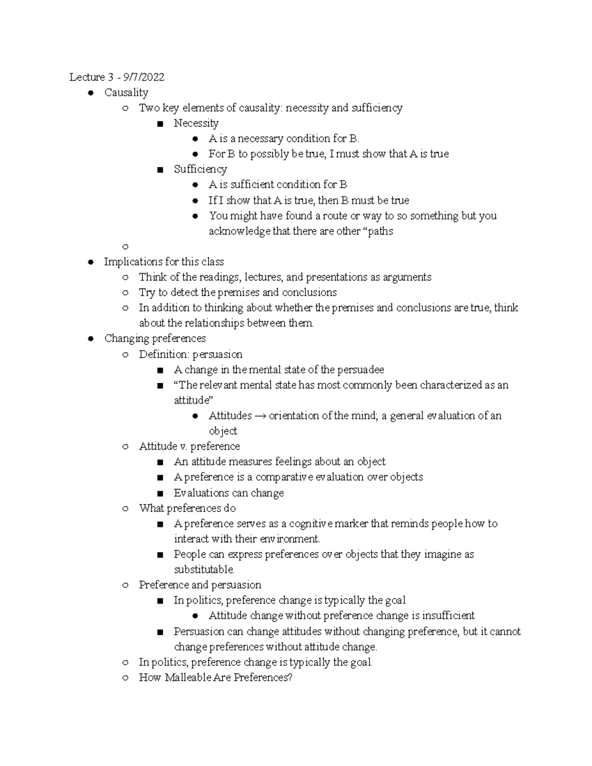 Pol Sci 312 - Lecture 3 - 9 7 2022 - Lecture 3 - 9/7/ Causality Two key ...