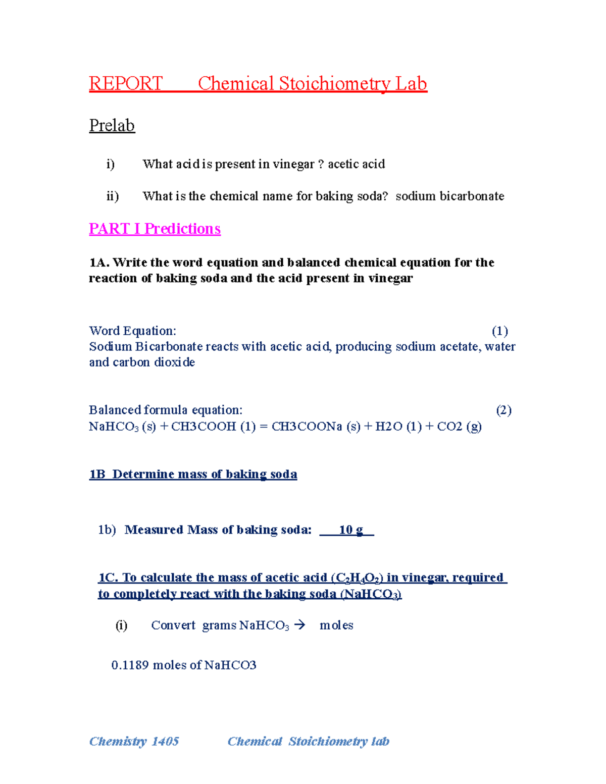 Stoichiometry lab Assignment Lab Workbook - REPORT Chemical ...