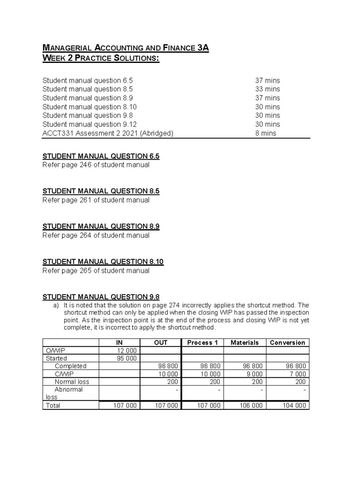 ACCT331 Week 2 Practice solutions - M ANAGERIAL ACCOUNTING AND FINANCE ...