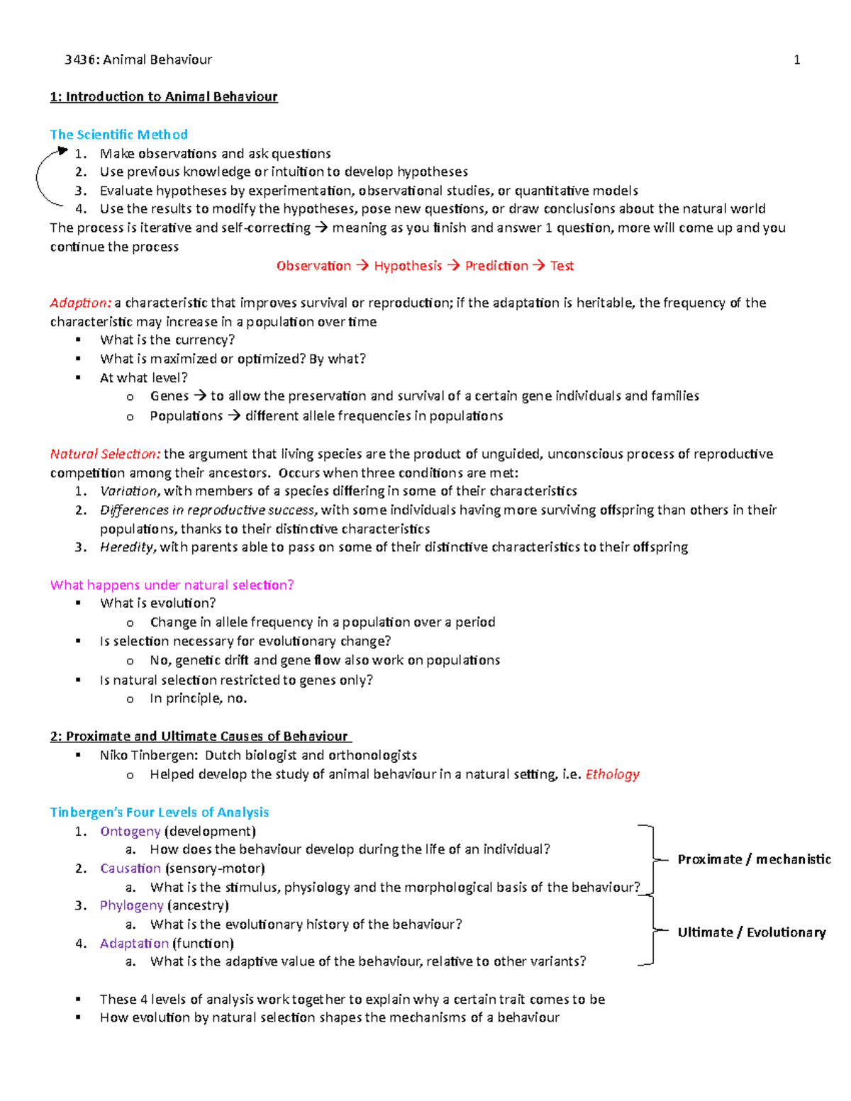 Animal Behaviour Notes - 3436: Animal Behaviour 1 1: Introduction to ...