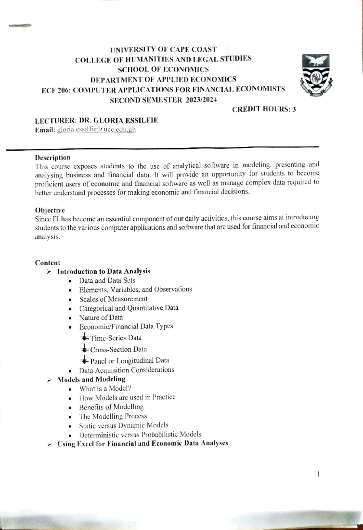 ECF 206 Course Outline Computer Application - ECONOMICS - Studocu