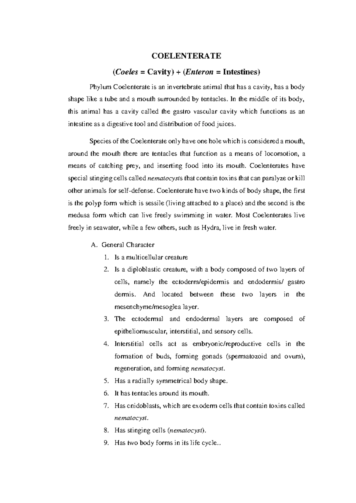 Zoology Invertebrate 03 Coelenterate - COELENTERATE (Coeles = Cavity ...