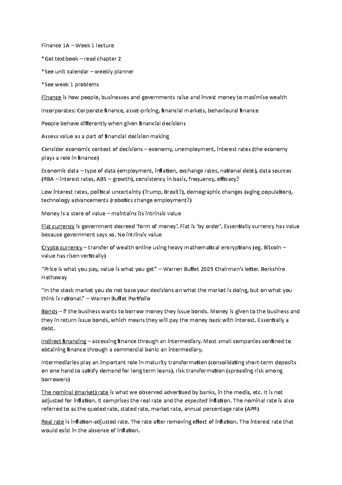 Week 1 Lecture notes - Finance 1A – Week 1 lecture *Get textbook – read ...