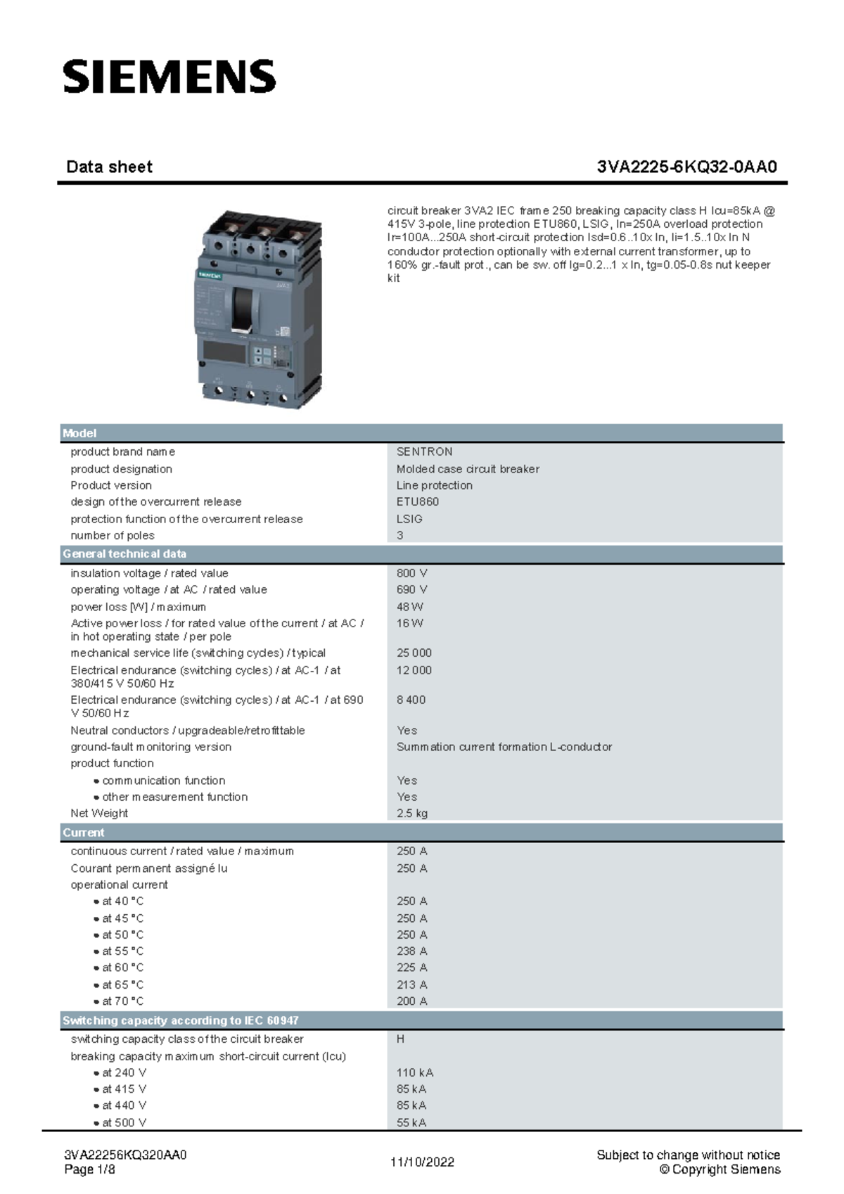 3VA22256 KQ320AA0 datasheet en - Data sheet 3VA2225-6KQ32-0AA circuit breaker 3VA2 IEC frame 250 ...