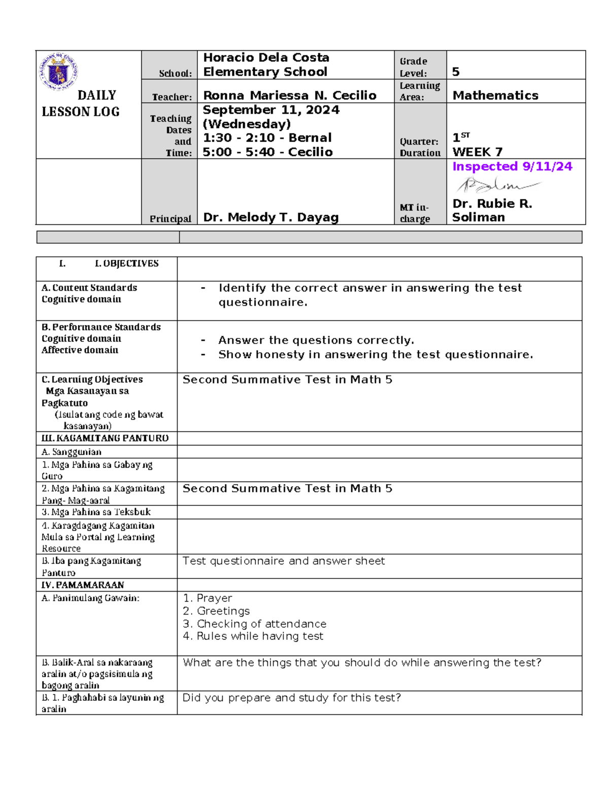 Summative Test in Math5 2nd quarter - DAILY LESSON LOG School: Horacio ...