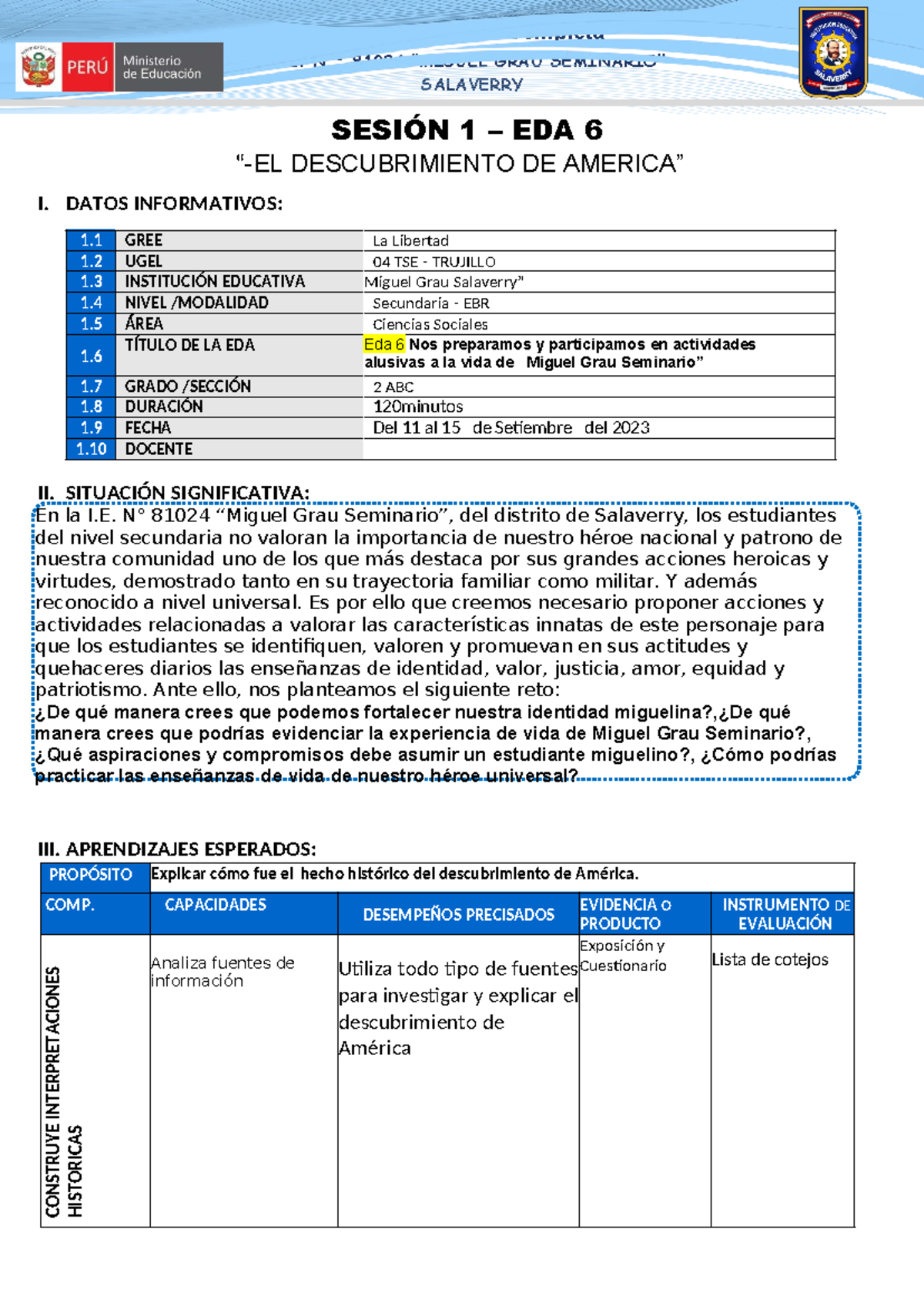 Sesión 1 EDA 6 CCSS Descubrimiento de America - »EBR - SECUNDARIA Jornada Escolar Completa I. N ...