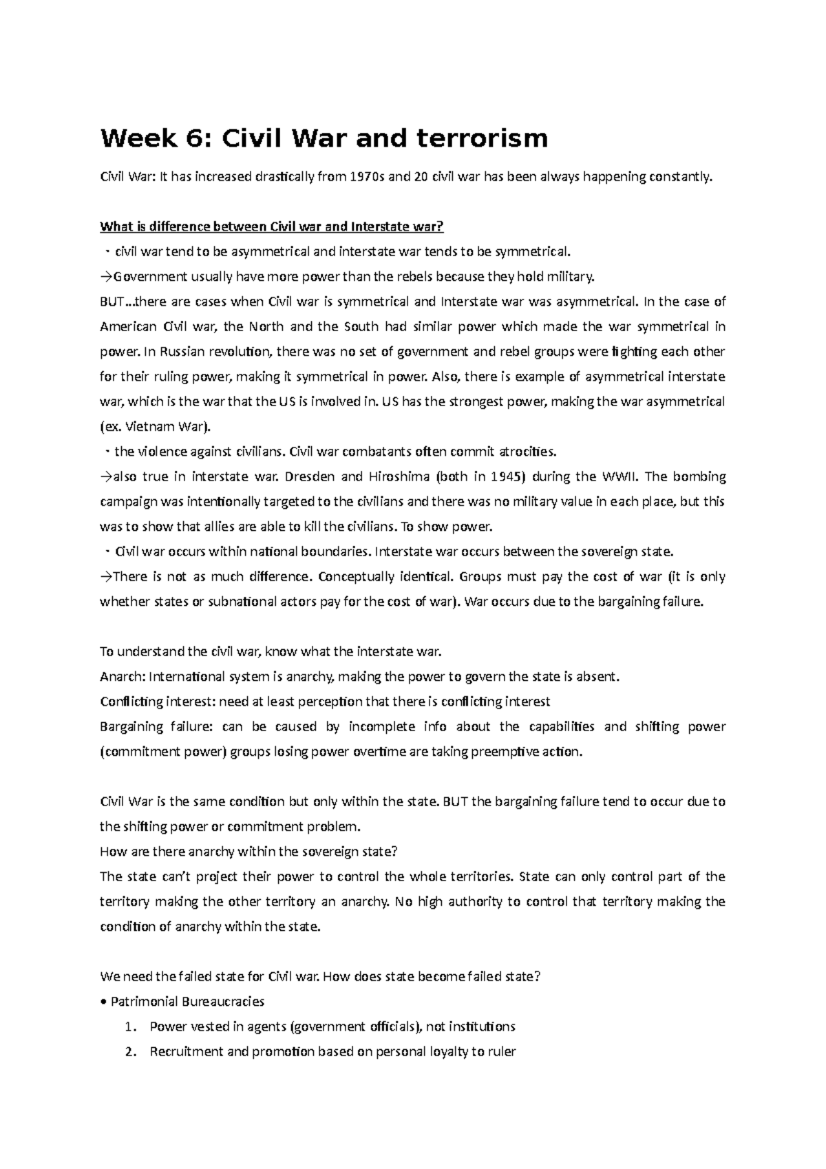 Week6 civil war and terrorism - Week 6: Civil War and terrorism Civil ...