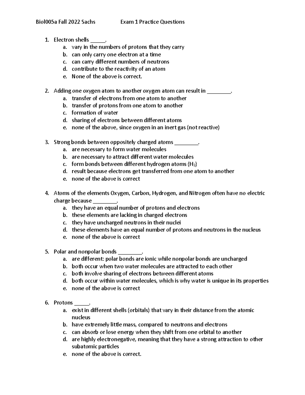 E1 Practice Qs - Biol005a Fall 2022 Sachs Exam 1 Practice Questions ...