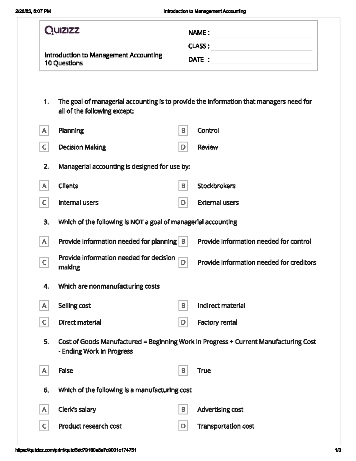 Chapter 1 Management Accounting Revision 2 - Business Law 1 - Studocu