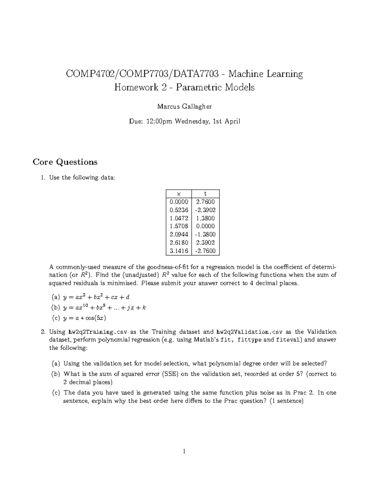 Homework 2 - Parametric Models - COMP4702/COMP7703/DATA7703 - Machine Learning Homework 2 ...