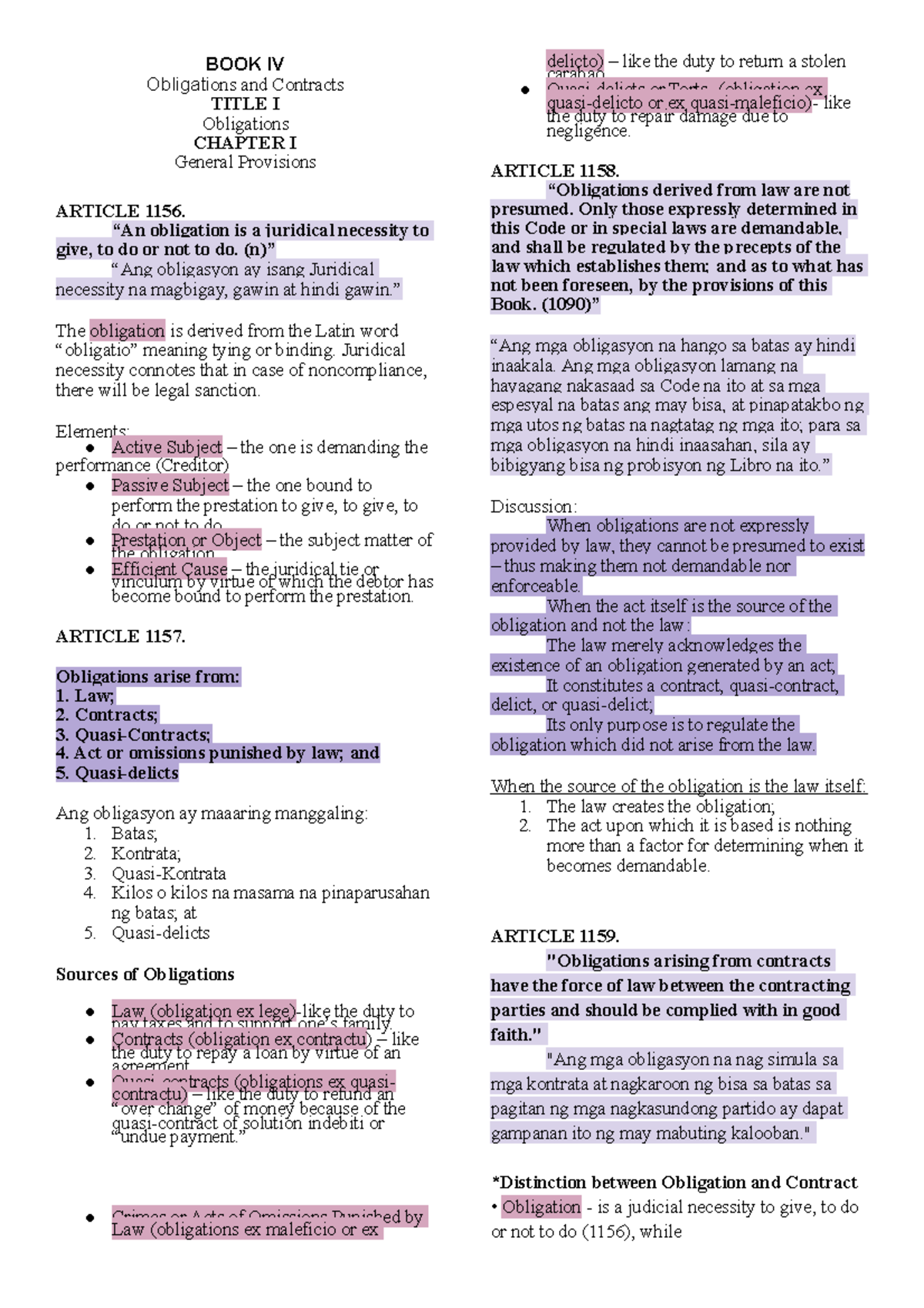 The Introduction to Law and Articles 1156-1178 - BOOK IV Obligations ...