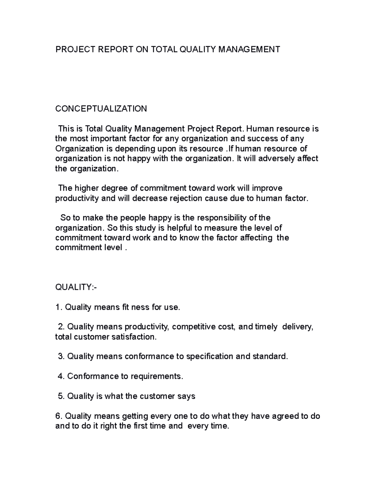 MBA TQM Project Report - PROJECT REPORT ON TOTAL QUALITY MANAGEMENT ...