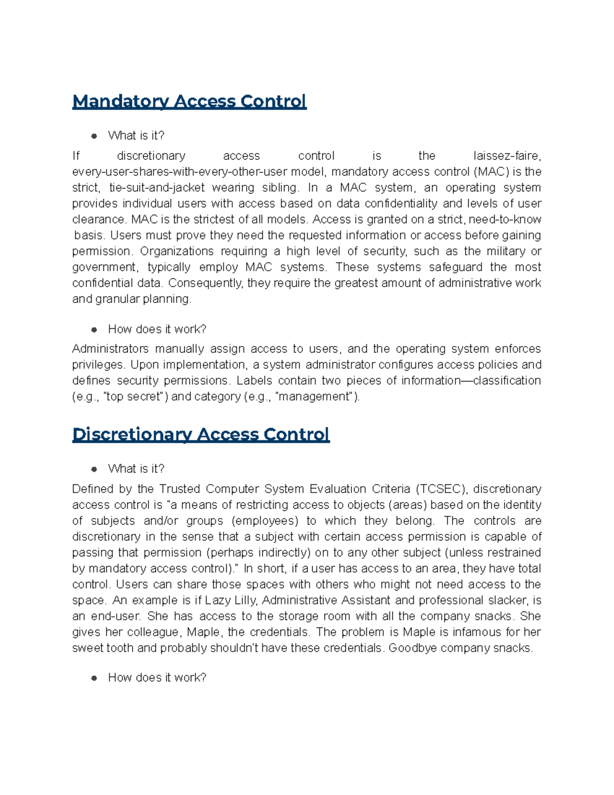 Types of Access Control - Mandatory Access Control What is it? If ...