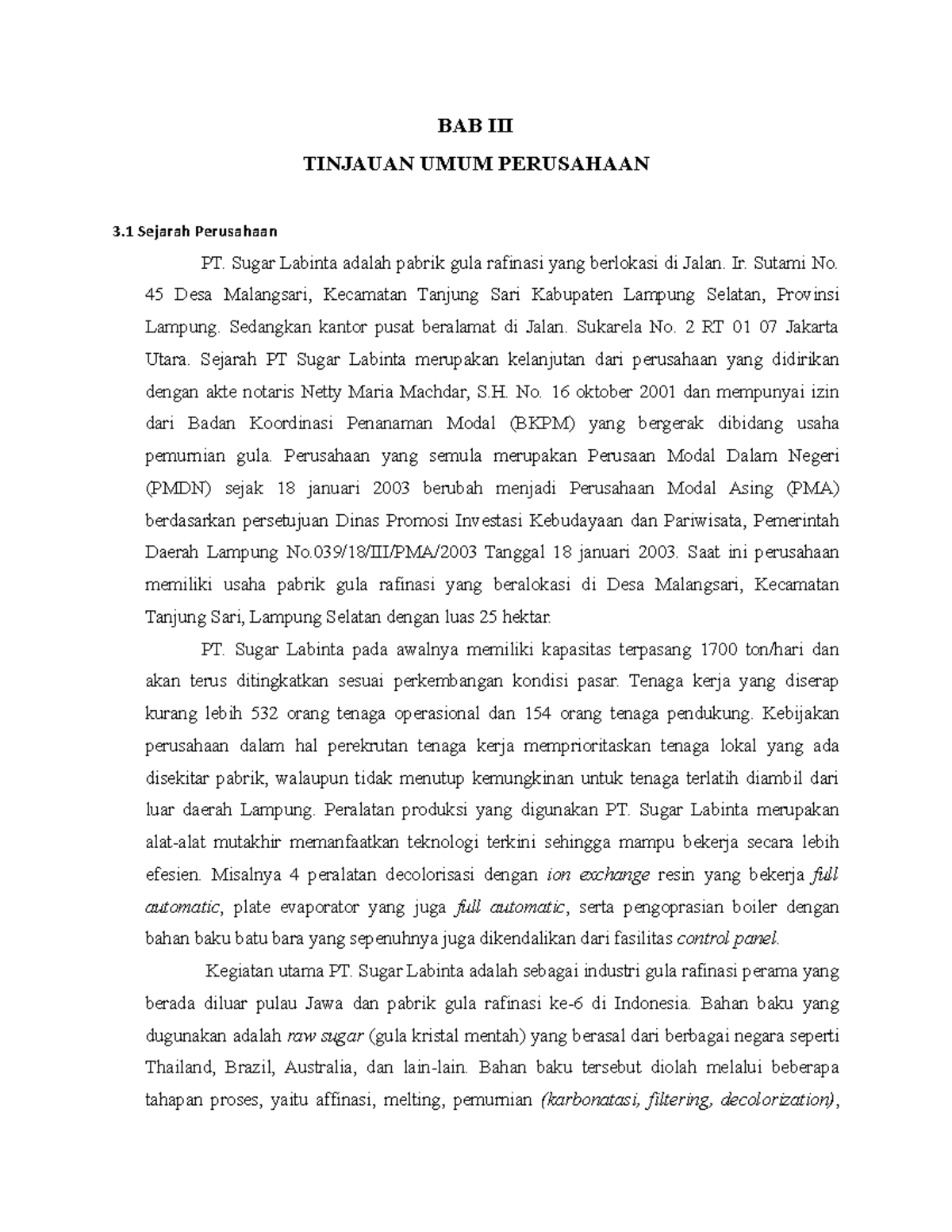 Laporan Kerja Praktik PT. Sugar Labinta - BAB 3 (part 1) - BAB III ...