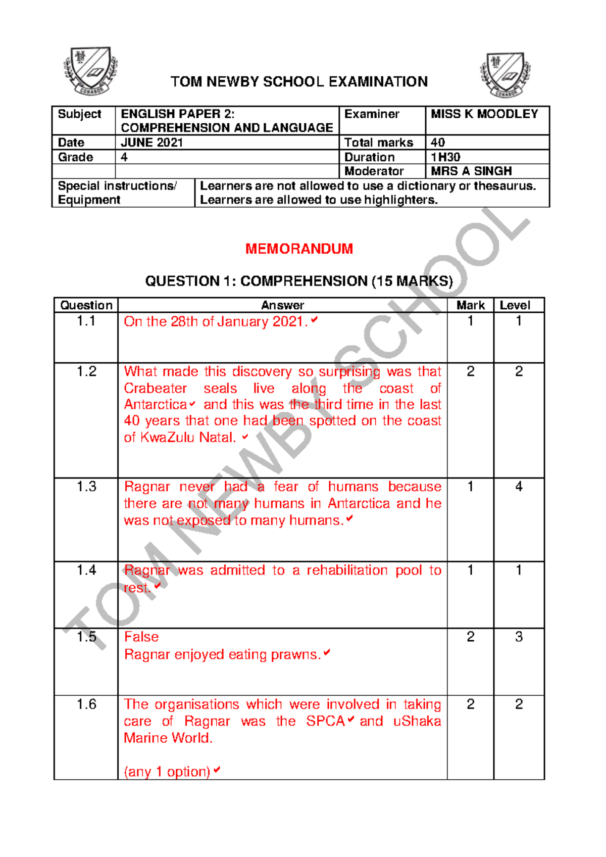 Grade 4 English Memo November 2021 - TOM NEWBY SCHOOL EXAMINATION ...