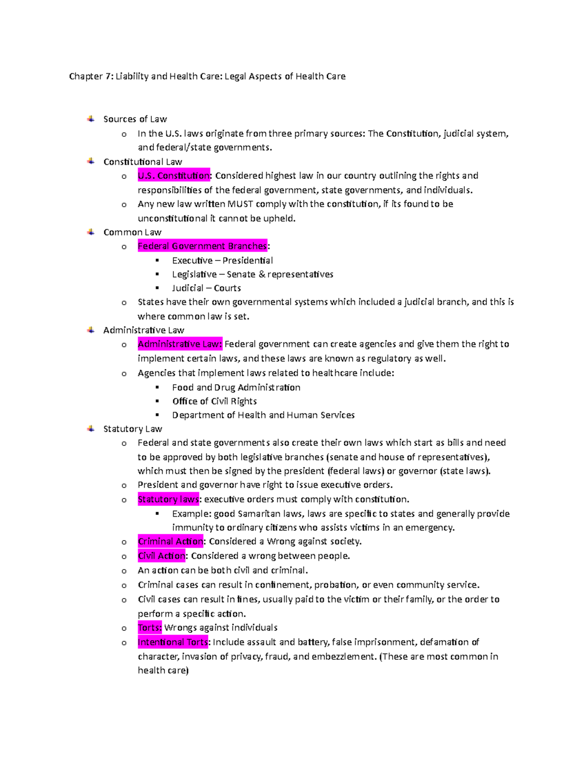 Unit 2 Reading Notes - Chapter 7: Liability and Health Care: Legal ...