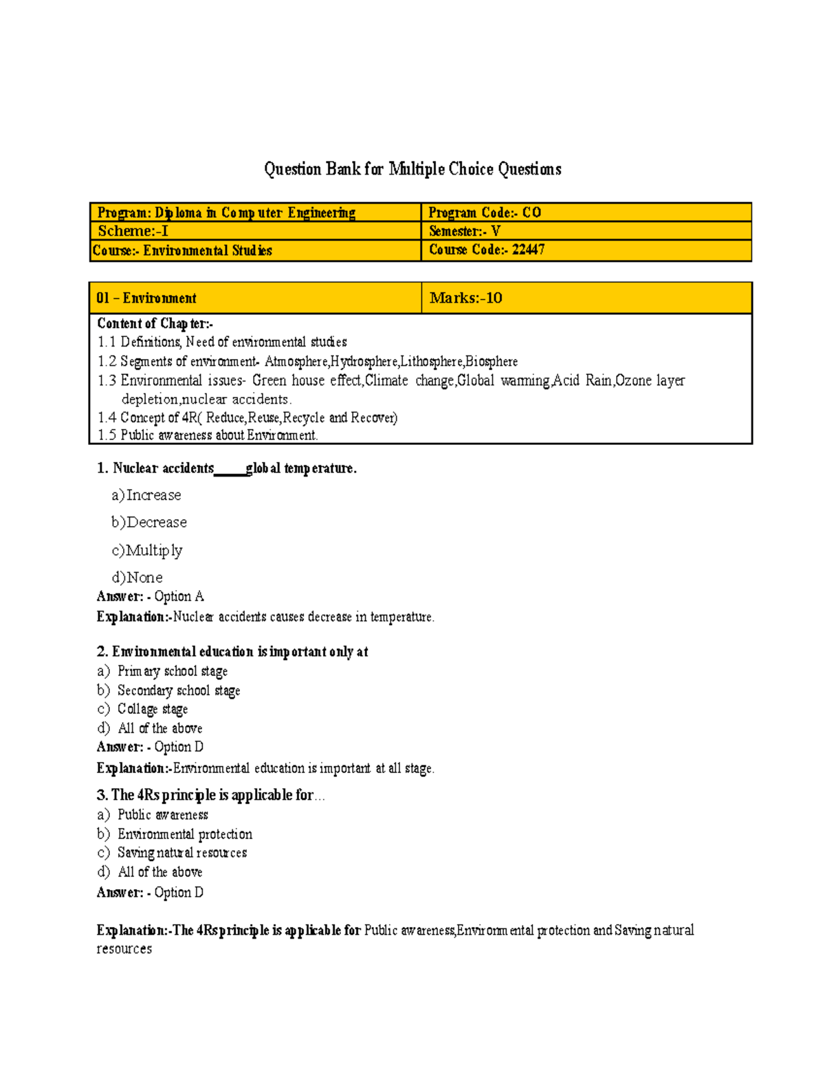 IMP 22447 EVS MCQ Chapter 1 and 2 - Question Bank for Multiple Choice ...