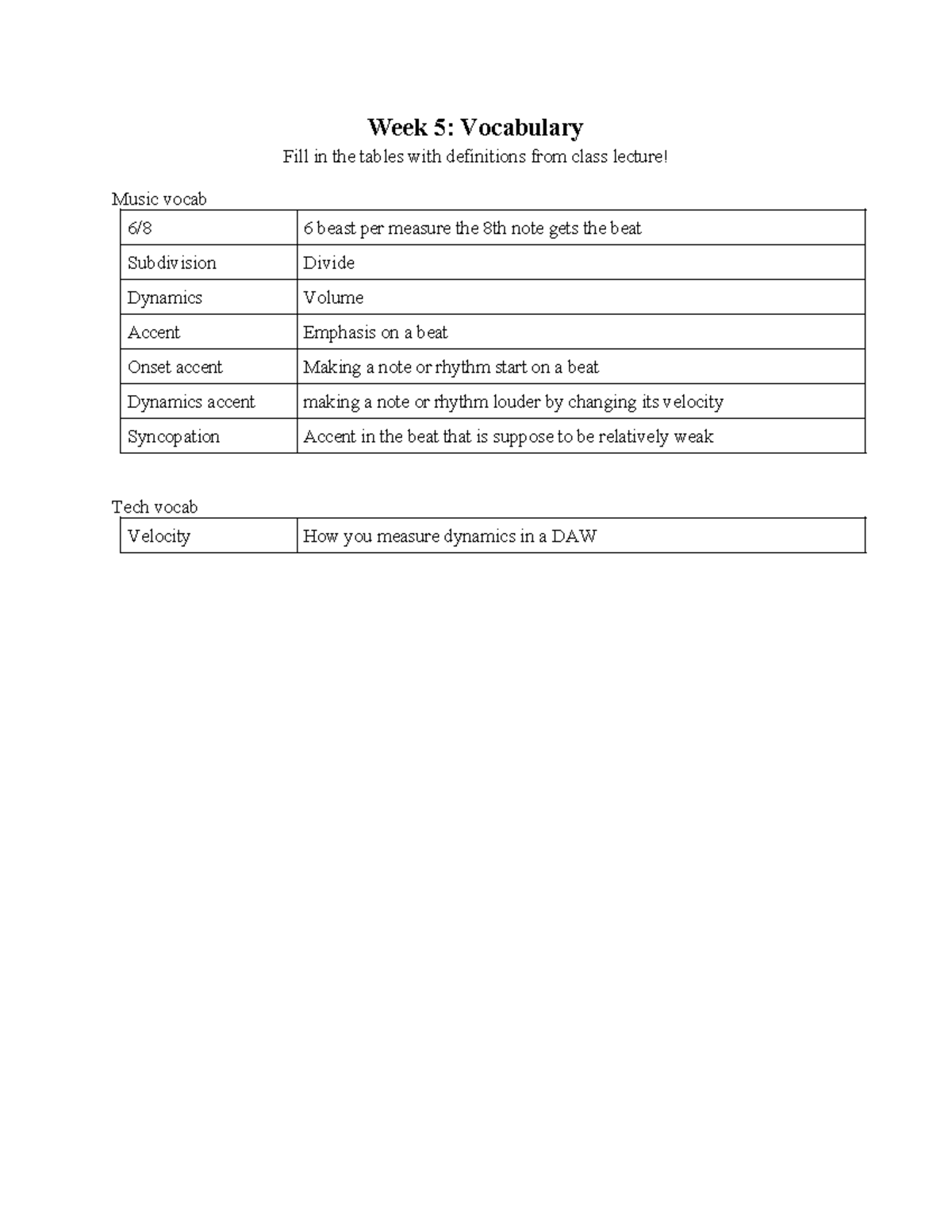 Week 5 vocab - effects - Week 5: Vocabulary Fill in the tables with ...