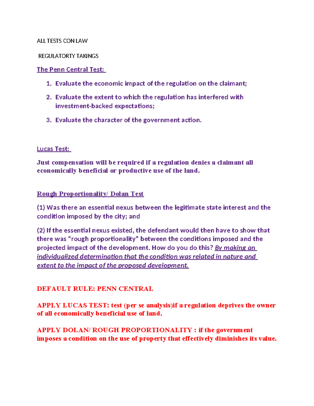 ALL Tests CON LAW - ALL TESTS CON LAW REGULATORTY TAKINGS The Penn ...