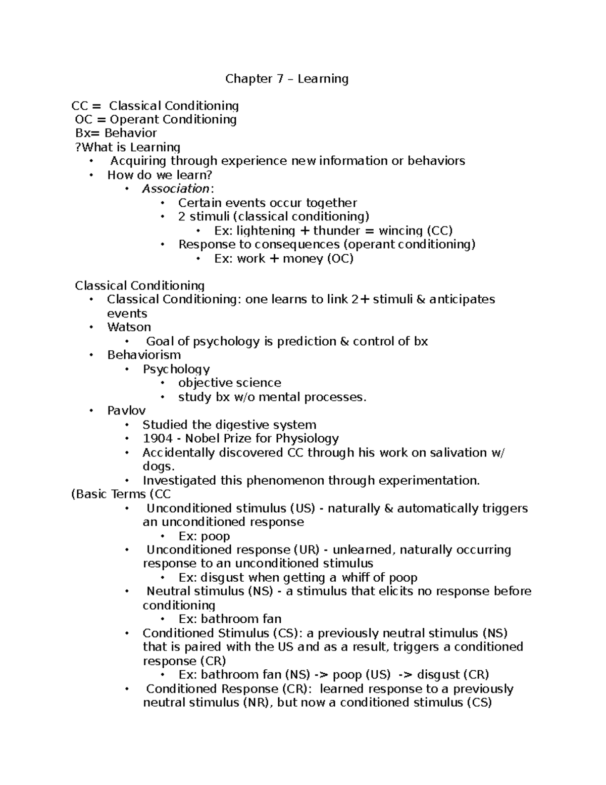 Psych 102 Chapter 7 - Chapter 7 – Learning CC = Classical Conditioning OC = Operant Conditioning ...
